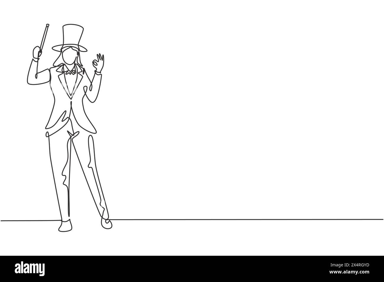 Single continuous line drawing female magician stands with gesture okay ...