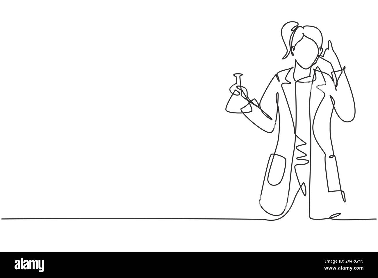 Single one line drawing female scientist with call me gesture and ...