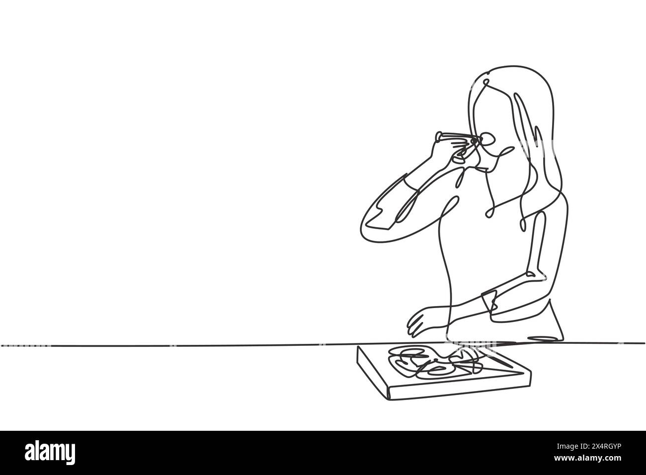 Single one line drawing young woman having spaghetti meal with fork ...