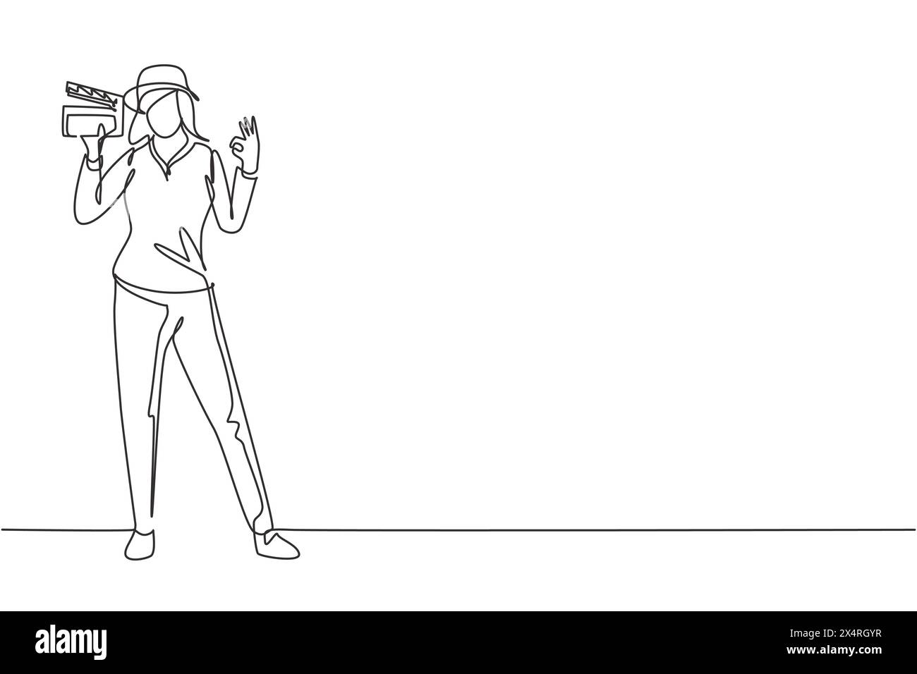 Single continuous line drawing female film director stands with gesture ...