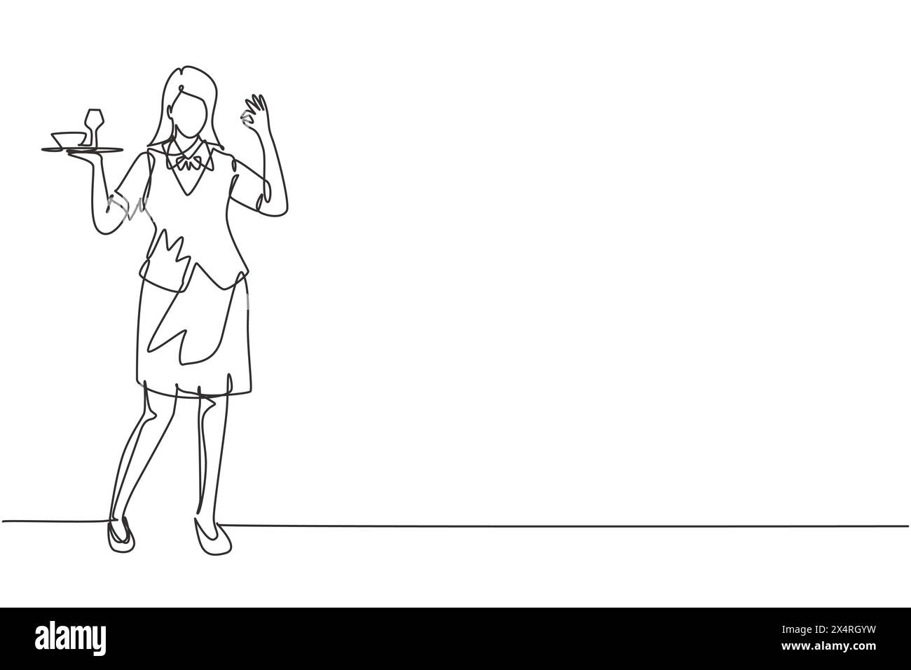 Continuous one line drawing waitress stood up with gesture okay and ...
