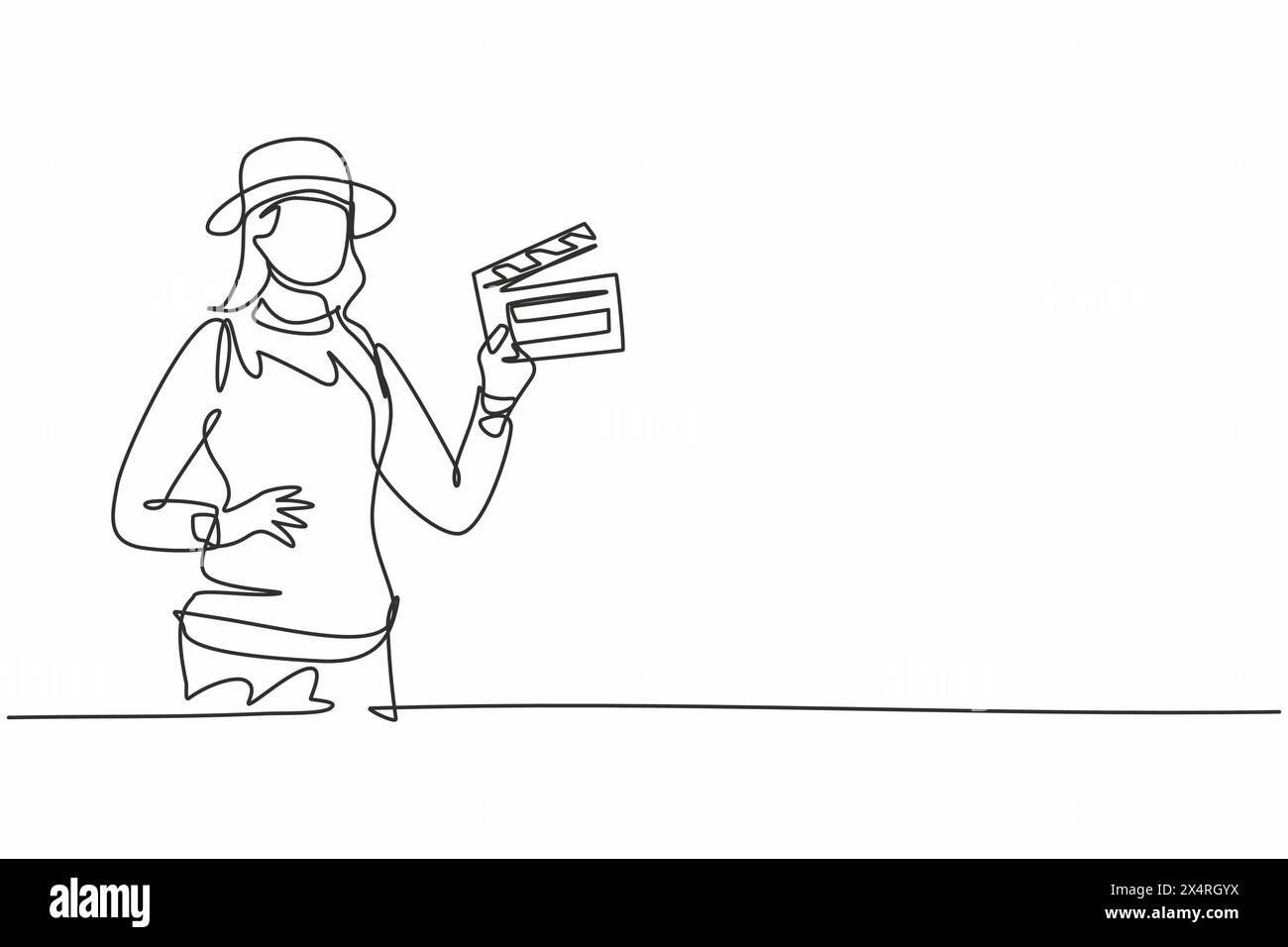 Continuous one line drawing of young female film director hold clapper ...