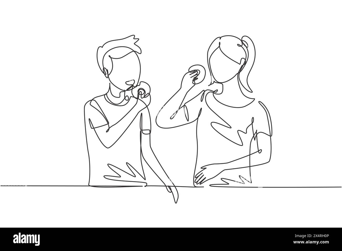 Continuous one line drawing young couple having donuts meal at ...