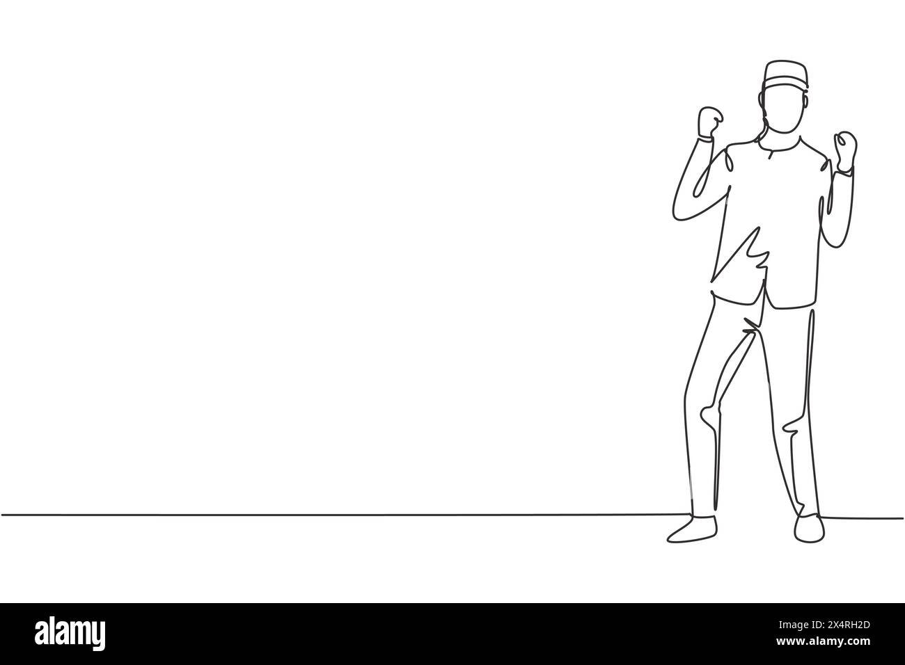 Single continuous line drawing hotel doorman stood with celebrate ...