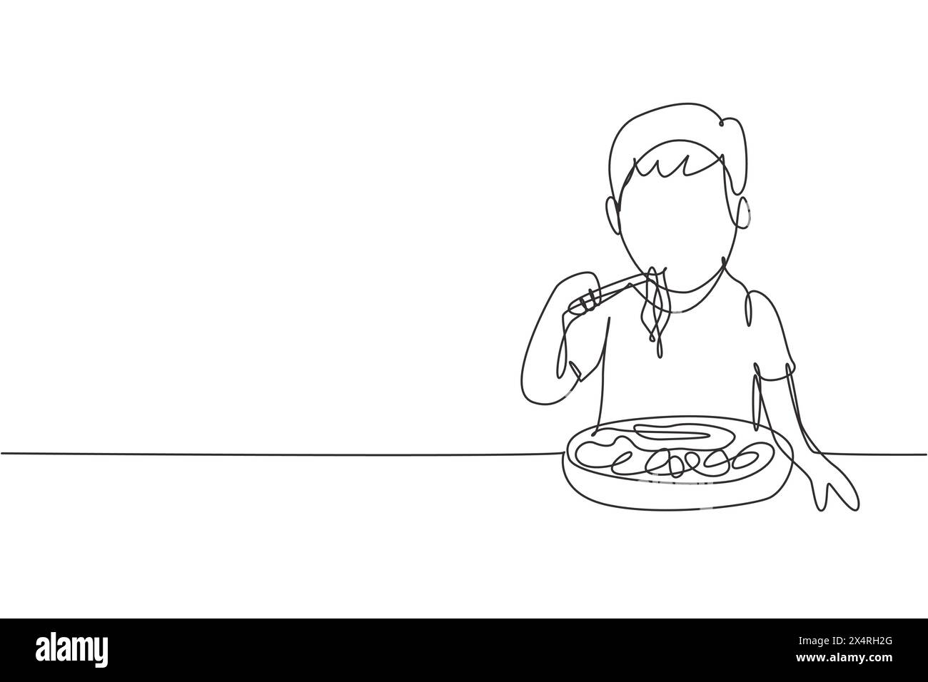 Single continuous line drawing boy having spaghetti meal with ...