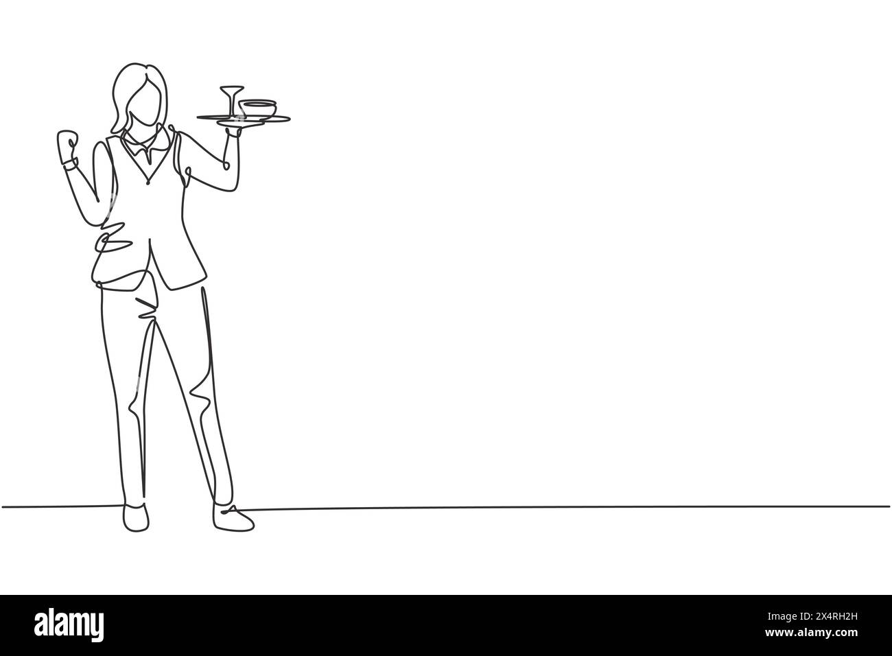 Single one line drawing waitress stood up with celebrate gesture and ...