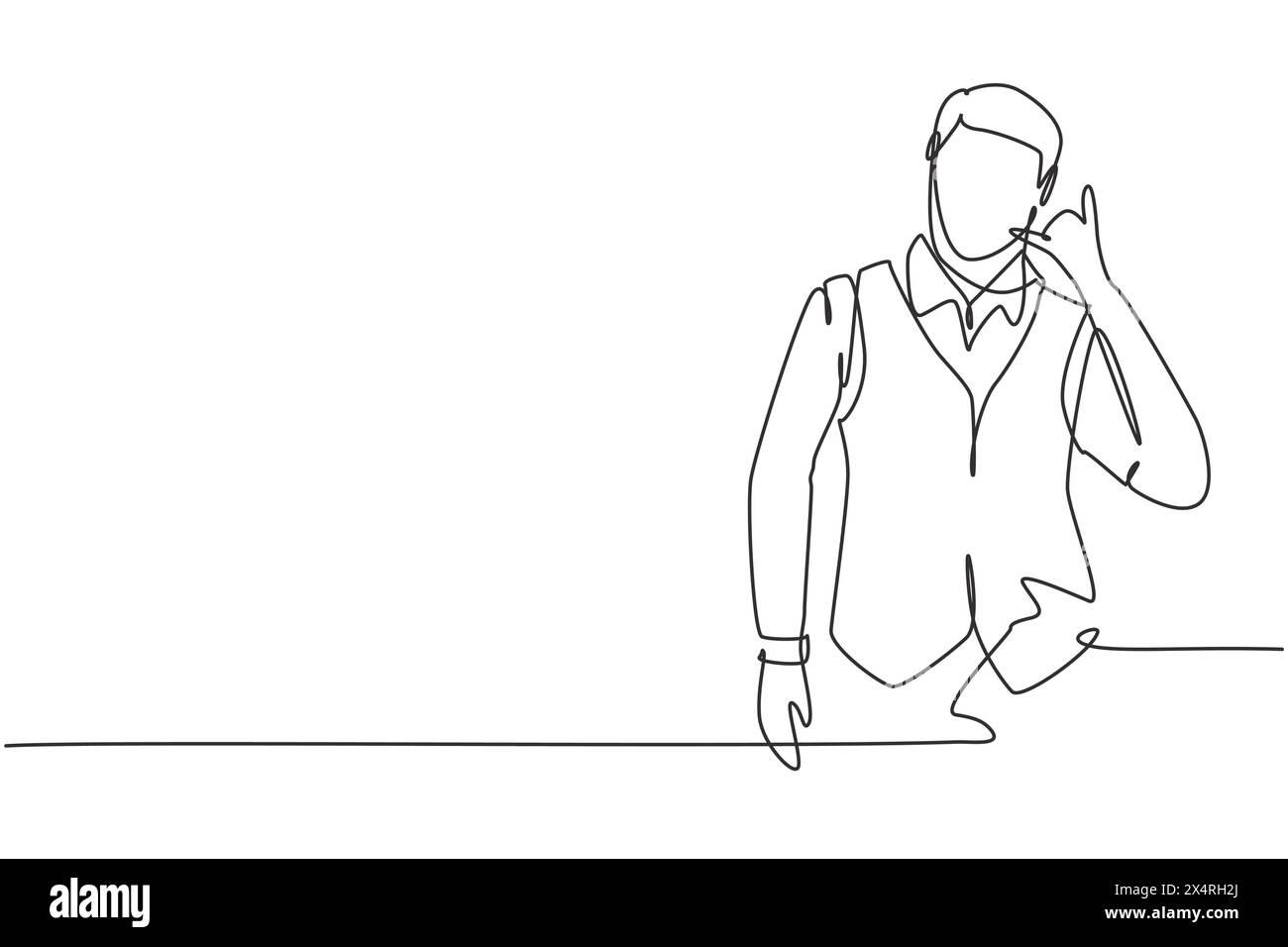 Continuous one line drawing steward with call me gesture ready to serve ...