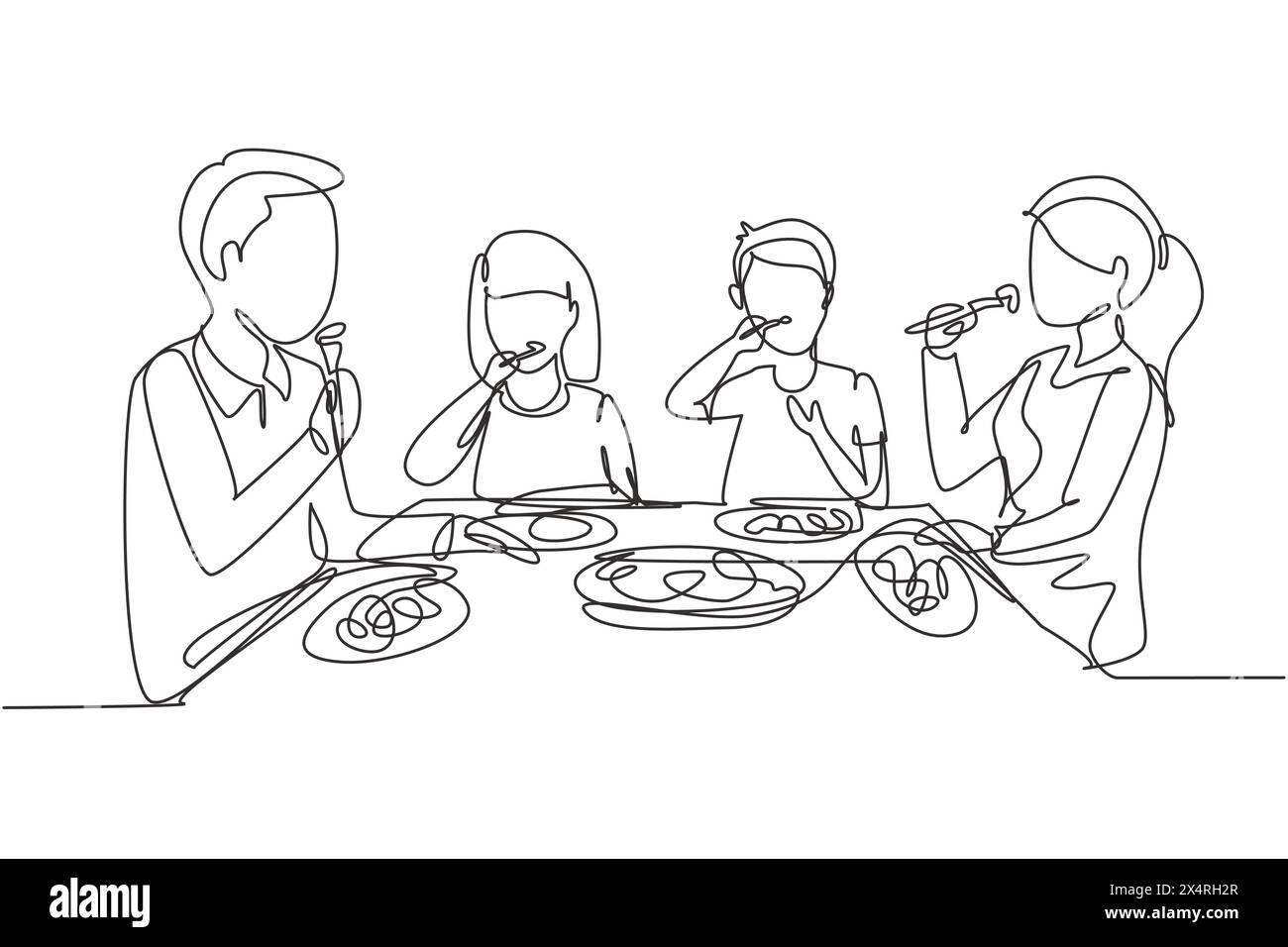 Single continuous line drawing family eating meal around kitchen table ...
