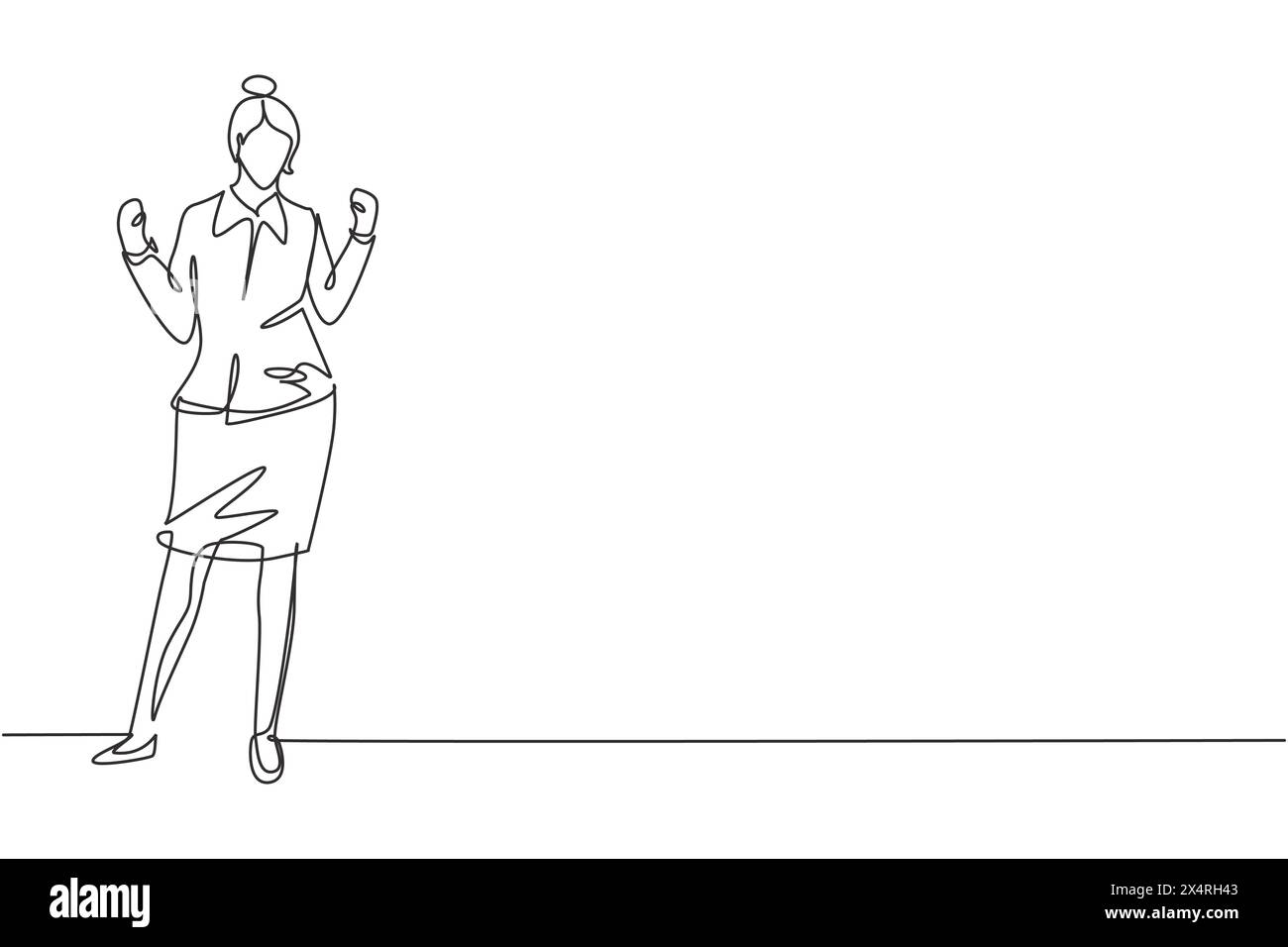 Single one line drawing flight attendant stands with celebrate gesture ...