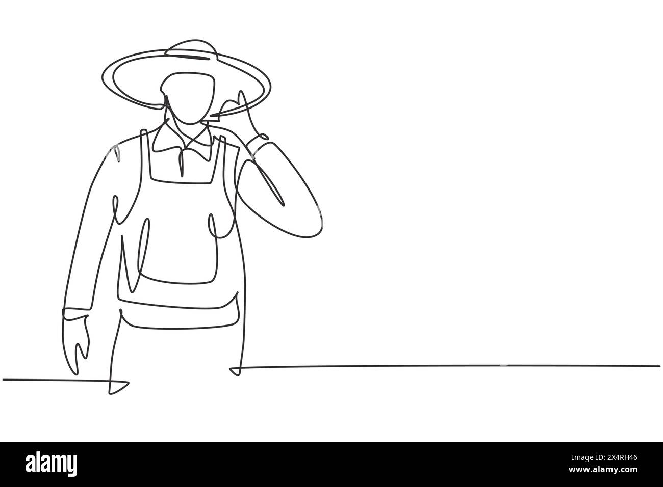 Single continuous line drawing farmer with call me gesture wearing ...
