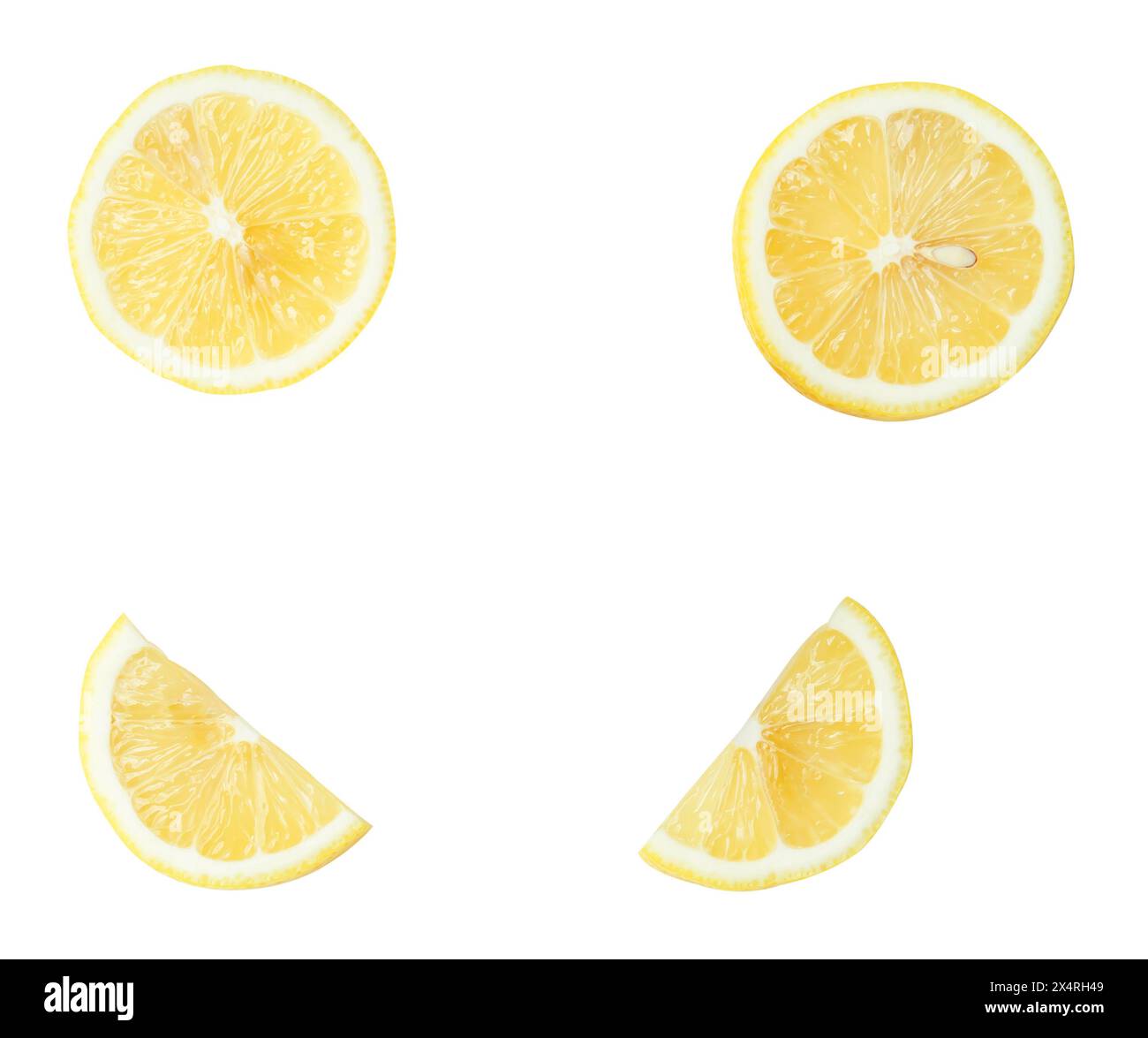 Top view set of fresh yellow lemon halves with slices or quarter ...