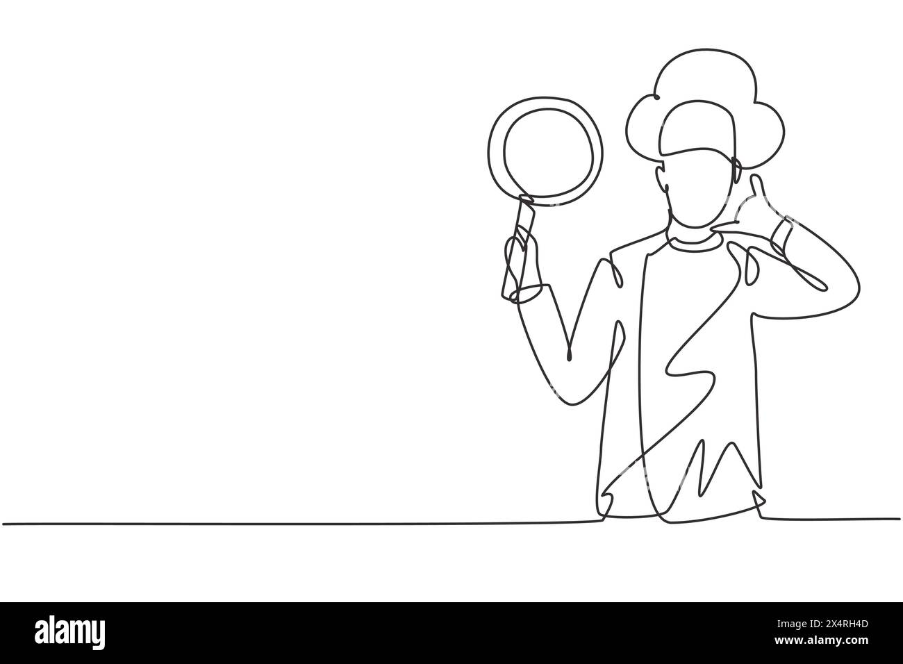 Continuous one line drawing chef with call me gesture, holding pan and ...