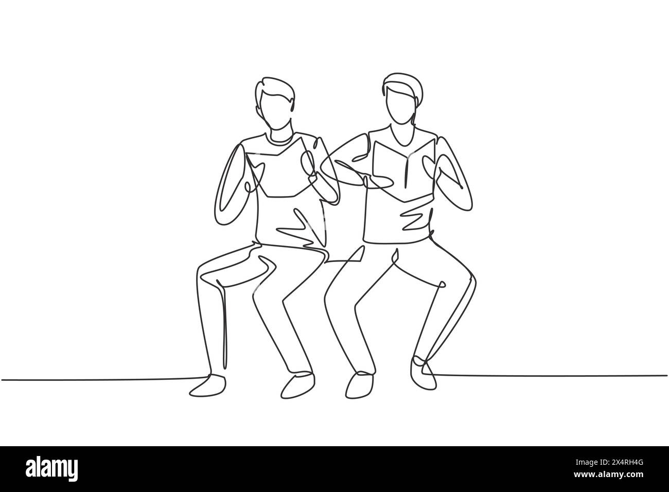 Single continuous line drawing two young male students reading, learning and sitting together ...