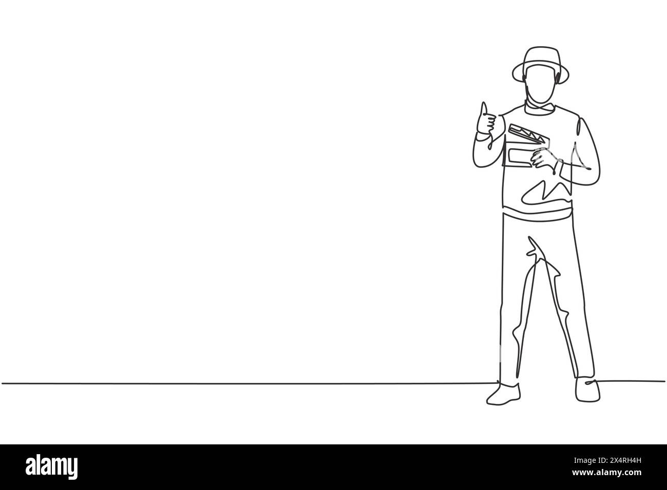 Single continuous line drawing film director stands with a thumbs-up ...