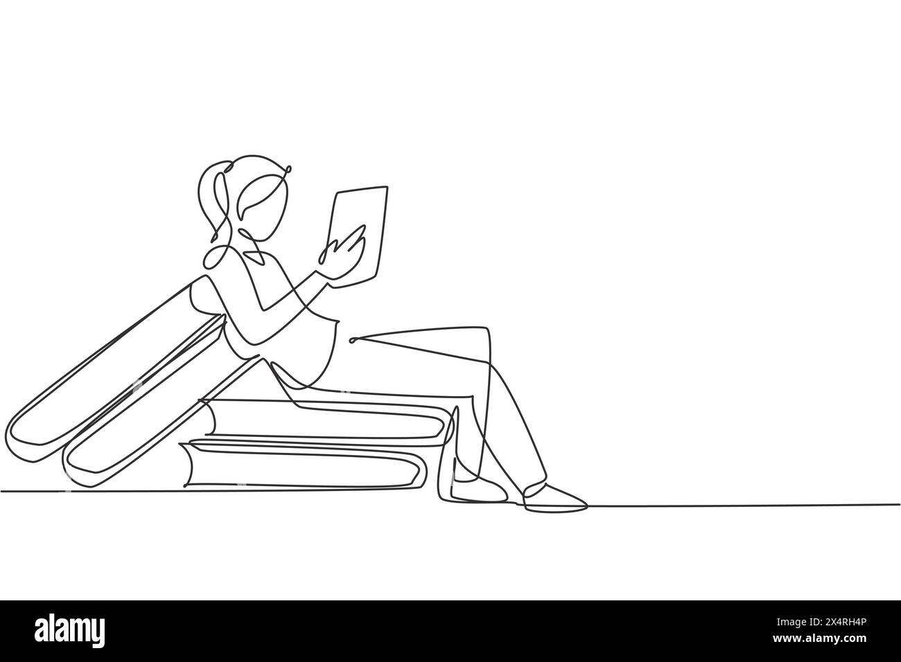 Single continuous line drawing young female reading, learning and ...