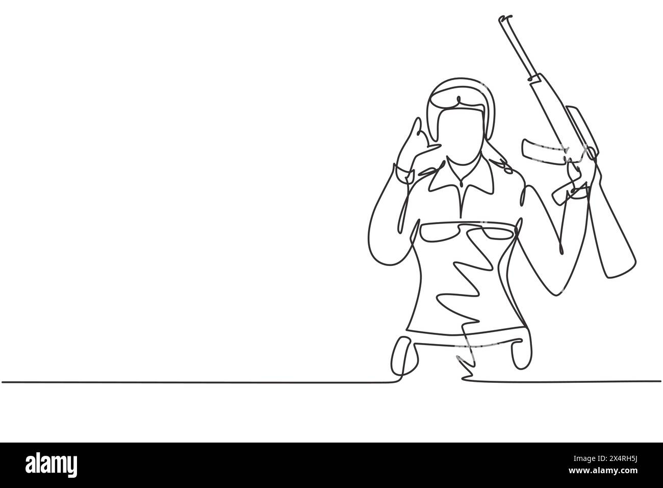 Single continuous line drawing female soldier with call me gesture ...