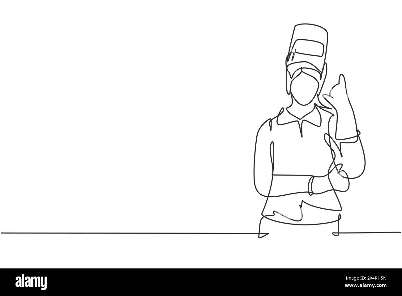 Single one line drawing female welder with call me gesture works in ...