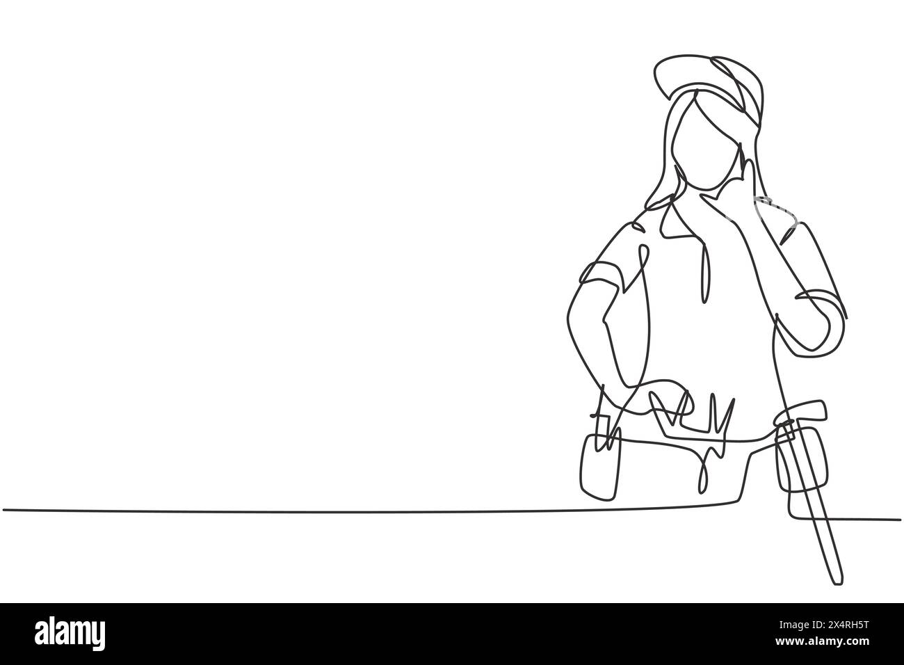Continuous one line drawing handywoman with call me gesture ready to ...