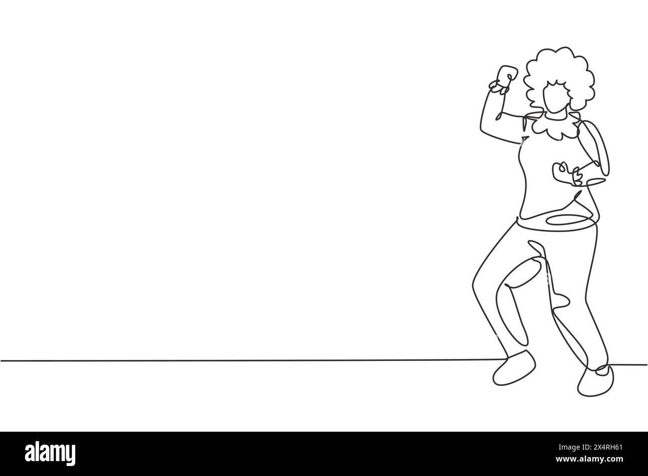 Single continuous line drawing female clown stands with celebrate ...