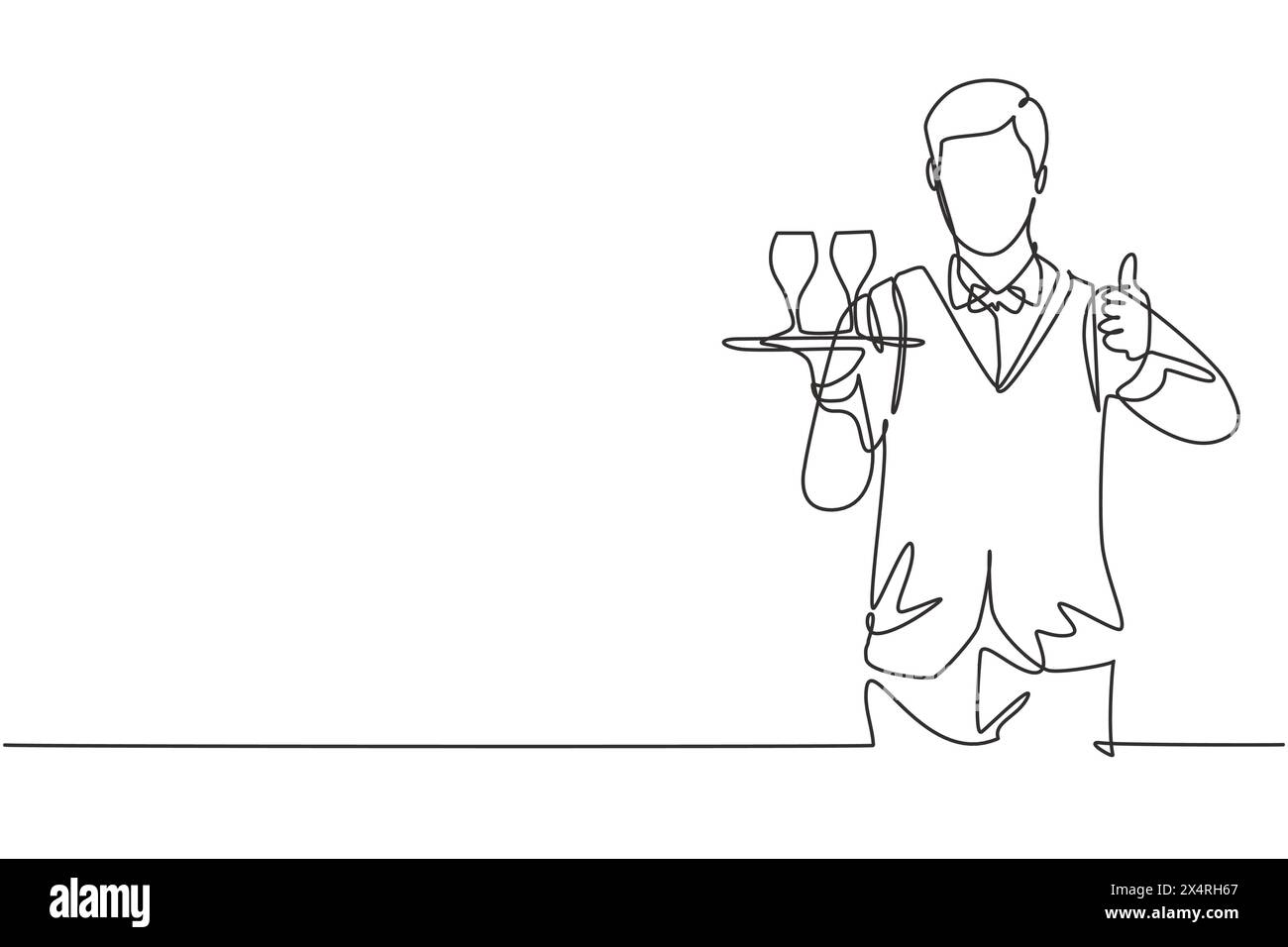 Single continuous line drawing waiter with a gesture raised his thumb ...