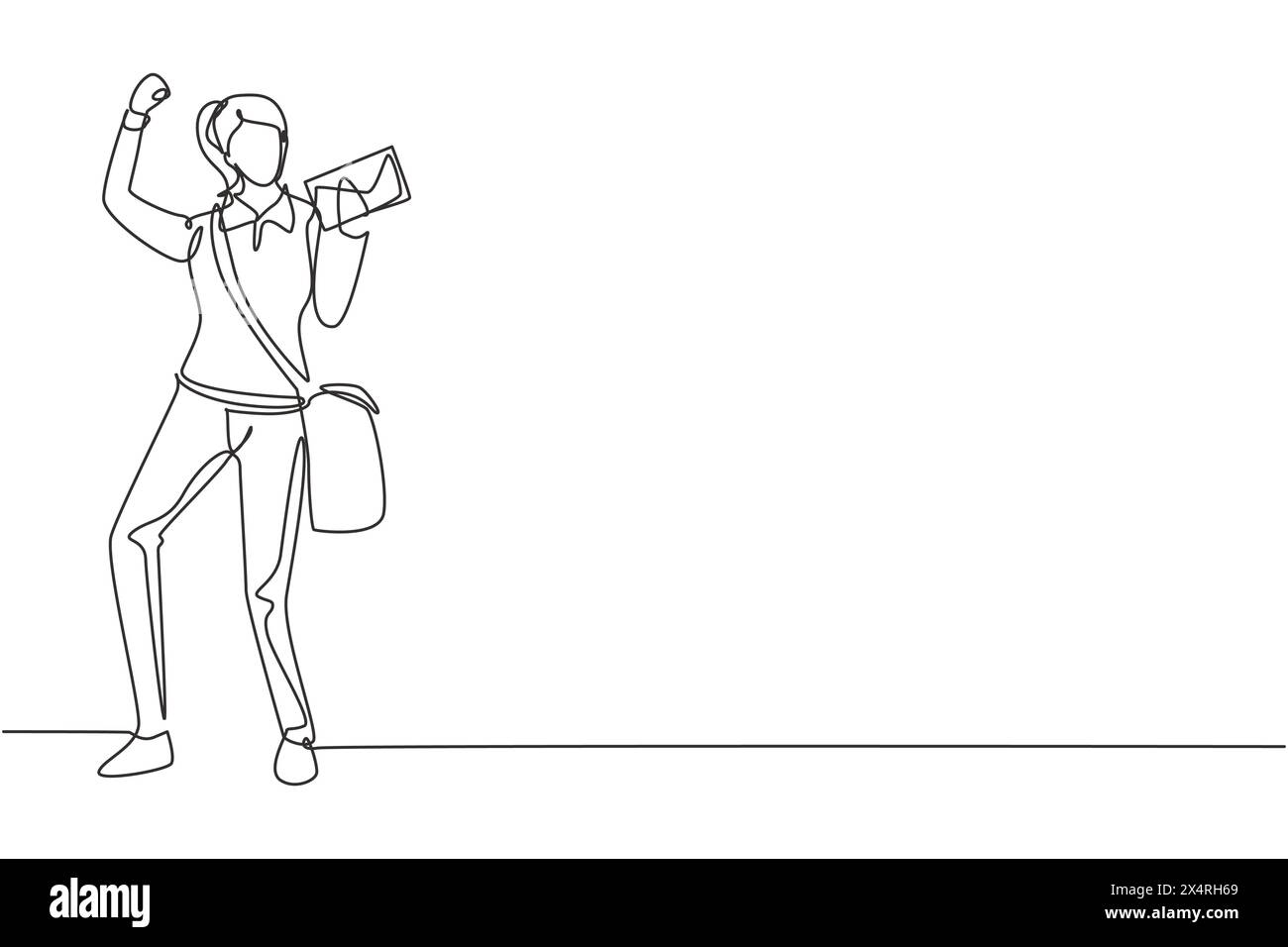 Continuous one line drawing postwoman standing with celebrate gesture ...