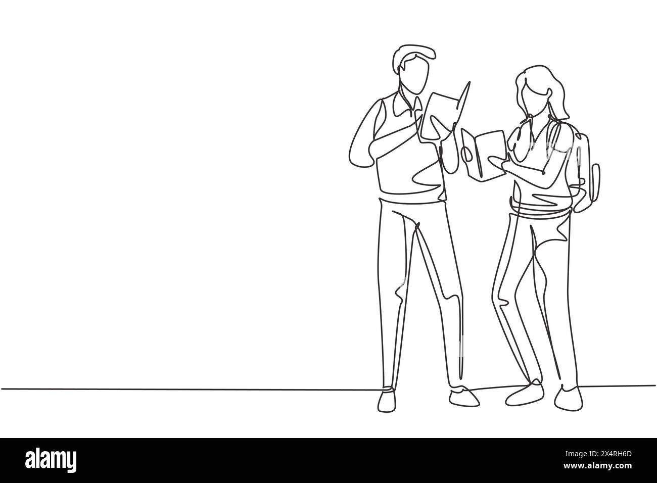 Single continuous line drawing couple woman and man reading together ...