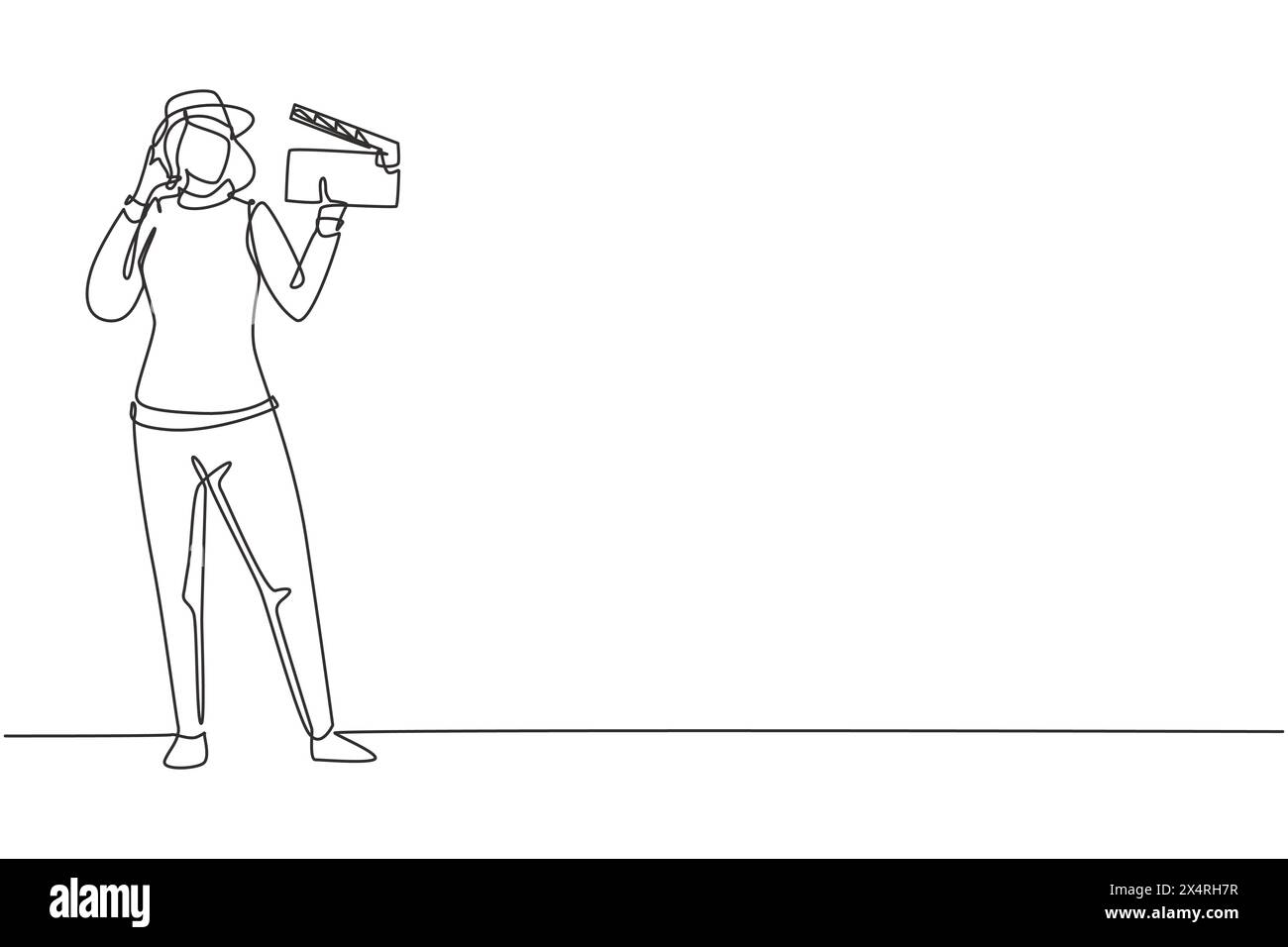 Single one line drawing female film director stands with call me ...