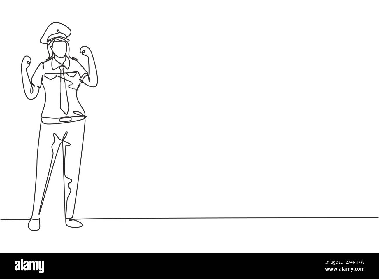 Single one line drawing female pilot stands with celebrate gesture and ...