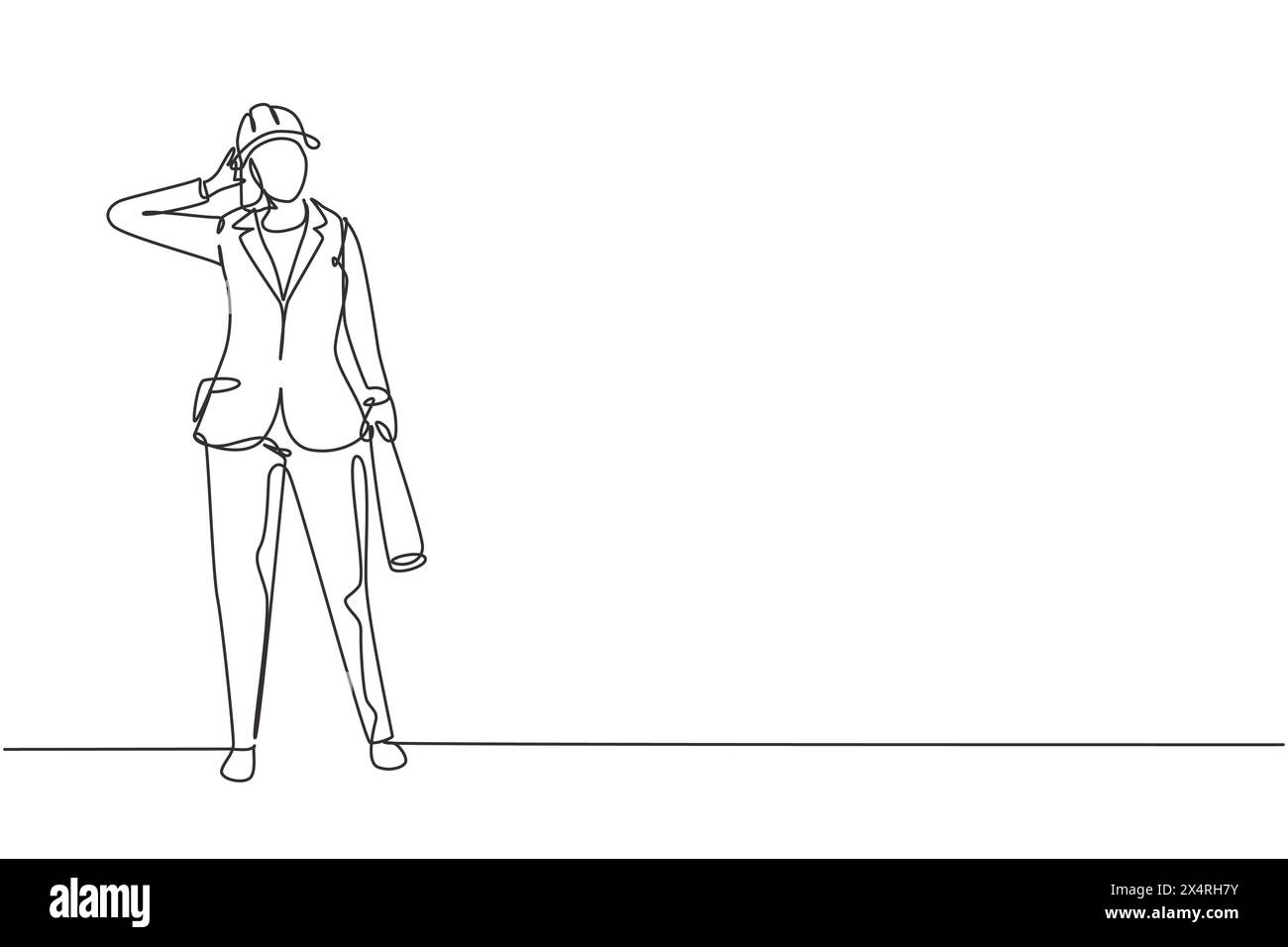 Single continuous line drawing female architect stood with call me ...