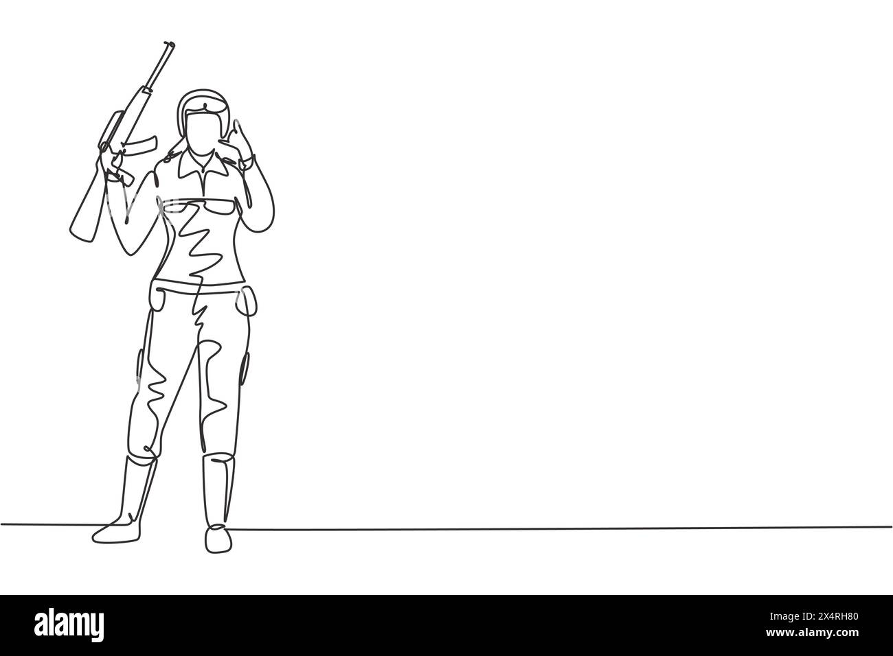 Continuous one line drawing female Soldier stands with weapon, uniform ...