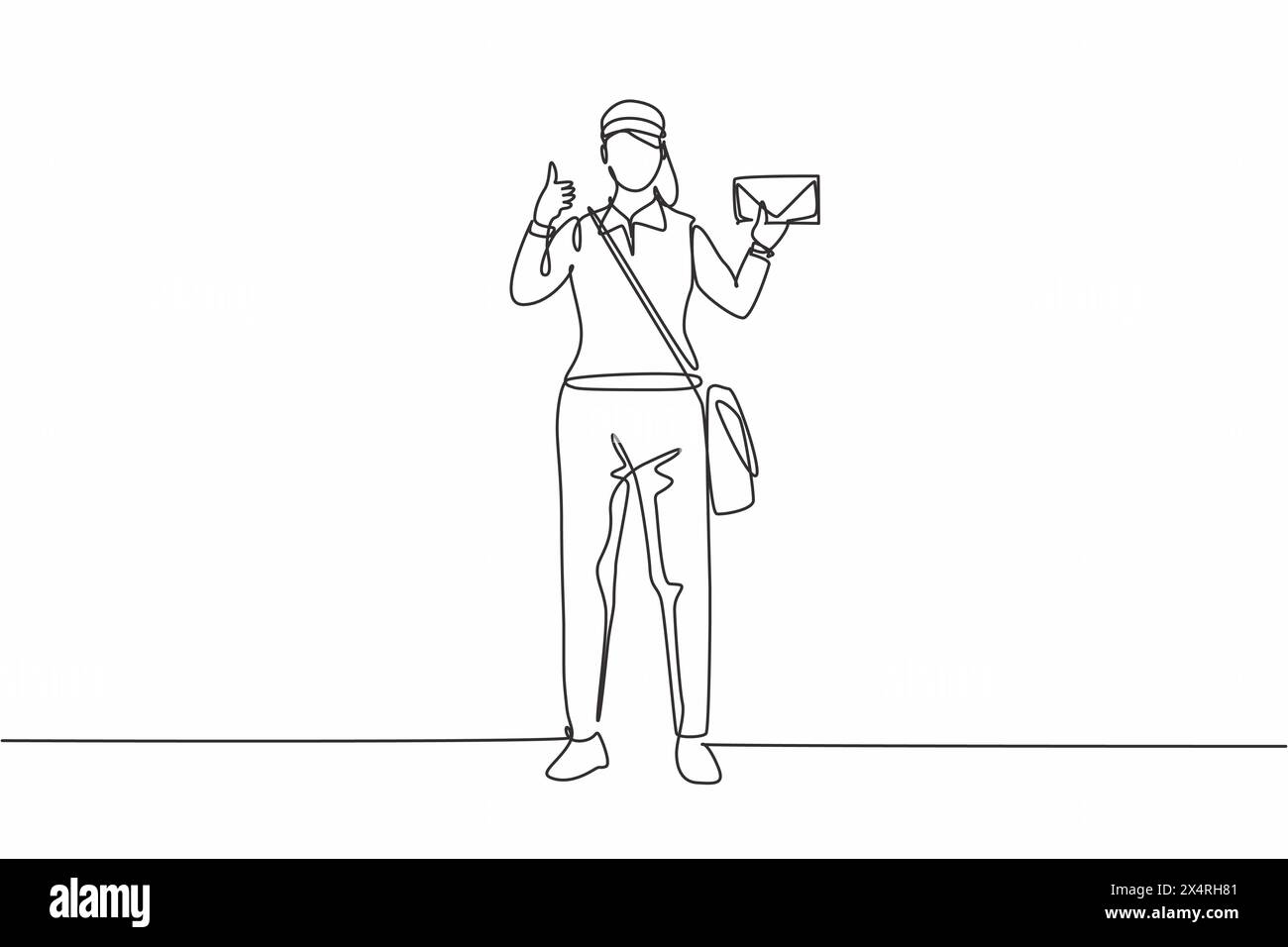 Single one line drawing of postwoman standing in a hat, bag, uniform ...