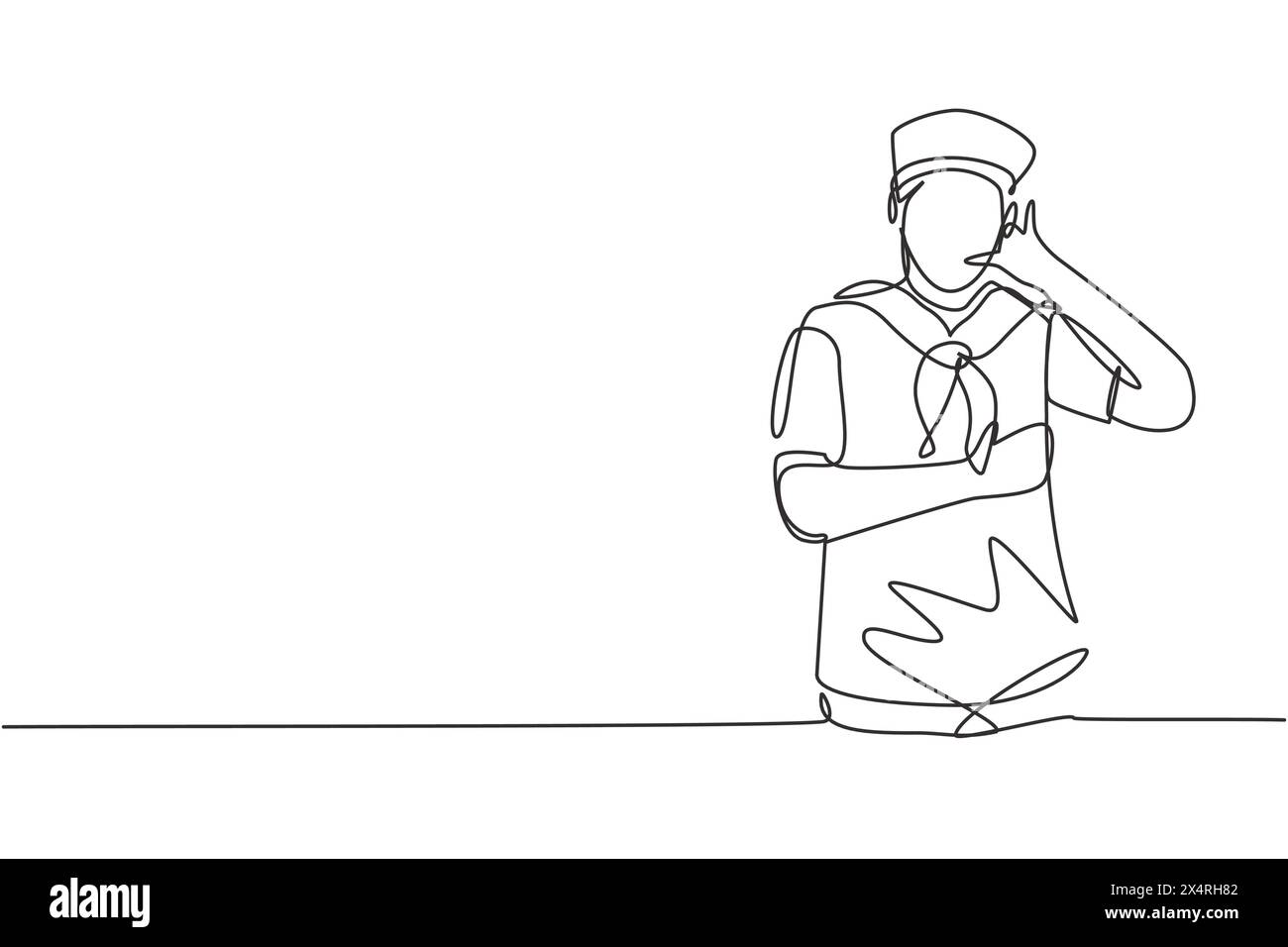 Single one line drawing sailor man with call me gesture and scarf ...