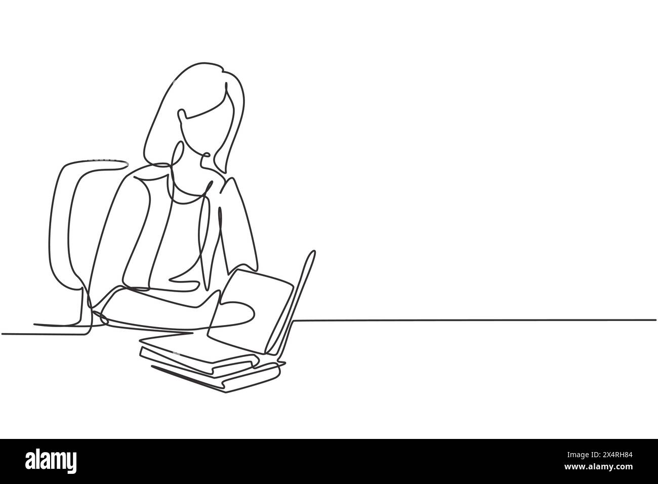 Single continuous line drawing young woman reading, learning and ...