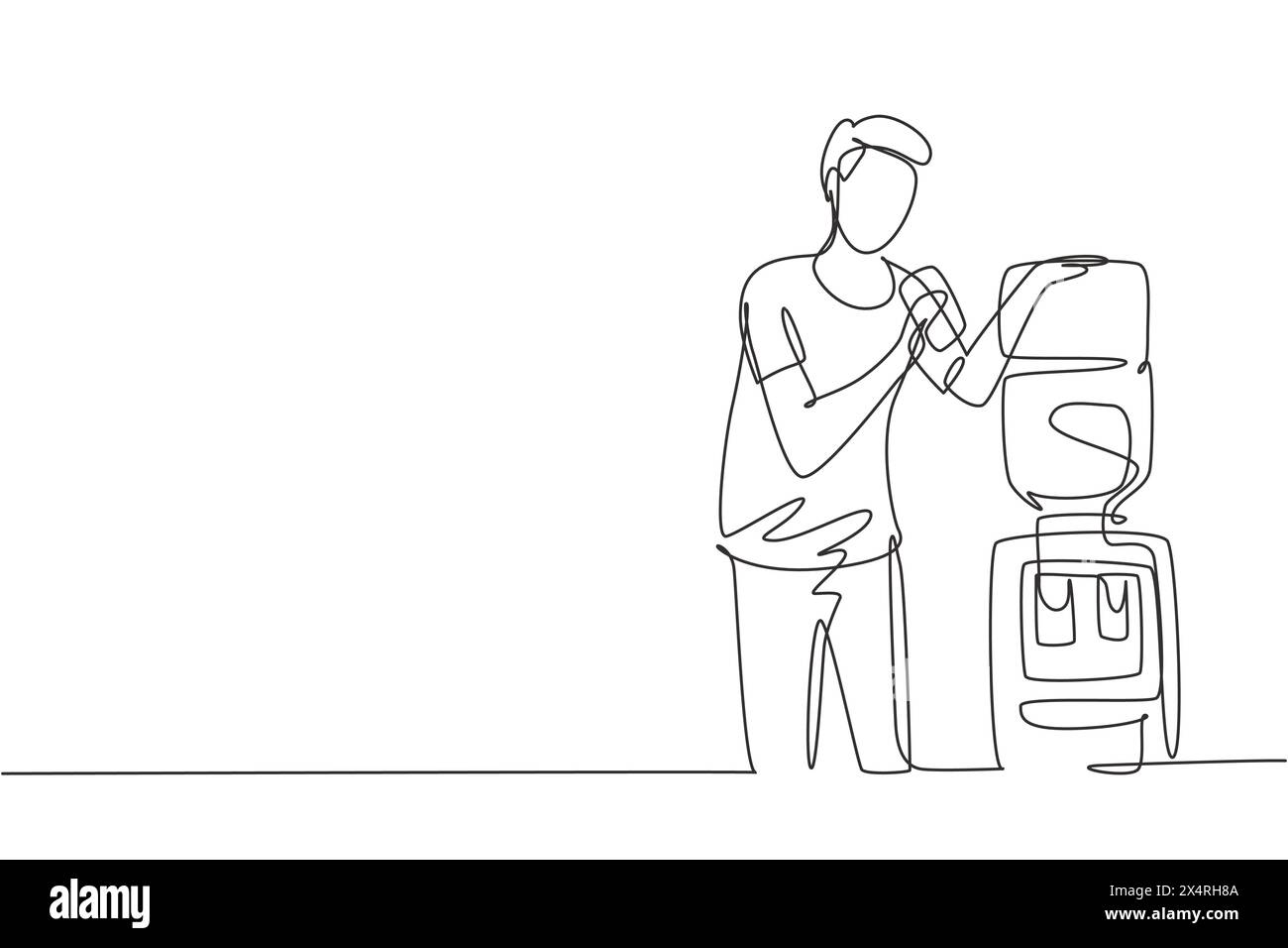 Single one line drawing young man drinking fresh water in a glass while ...