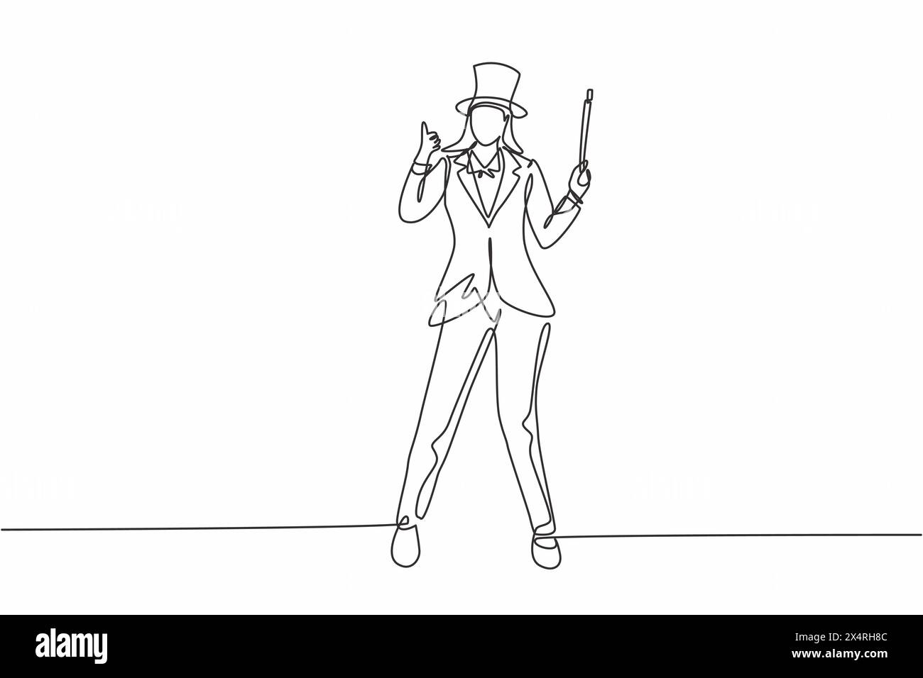 Single continuous line drawing female magician stands with thumbs-up ...