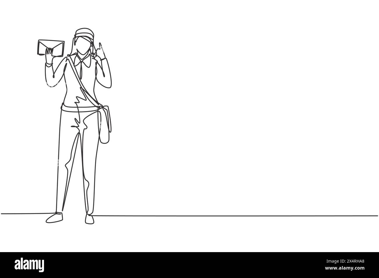Single continuous line drawing postwoman standing with call me gesture ...