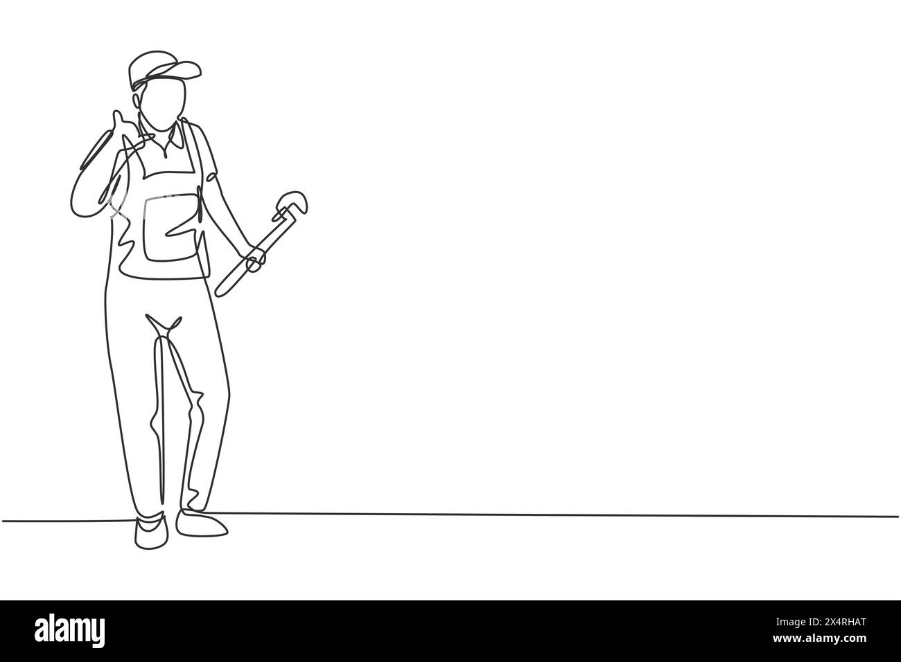 Single one line drawing plumber stands with call me gesture and holding ...
