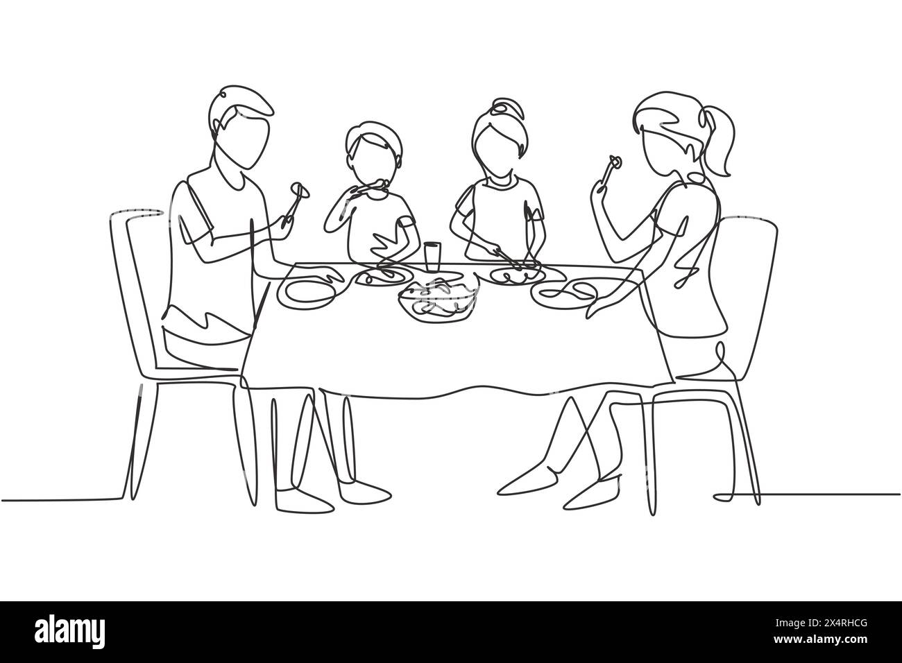 Continuous one line drawing diner parents and children together. Family ...