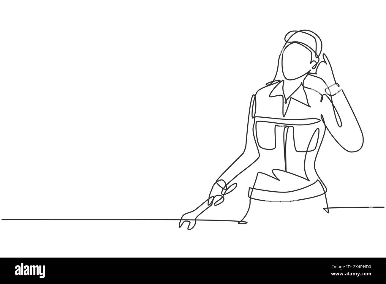 Continuous one line drawing female mechanic with call me gesture and ...