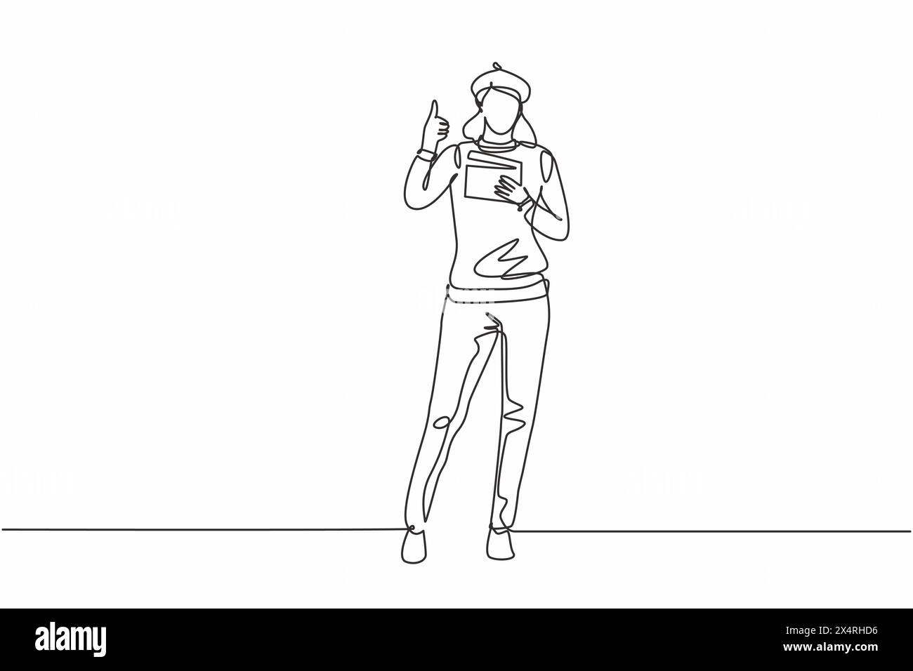 Continuous one line drawing woman film director stands with a thumbs-up ...