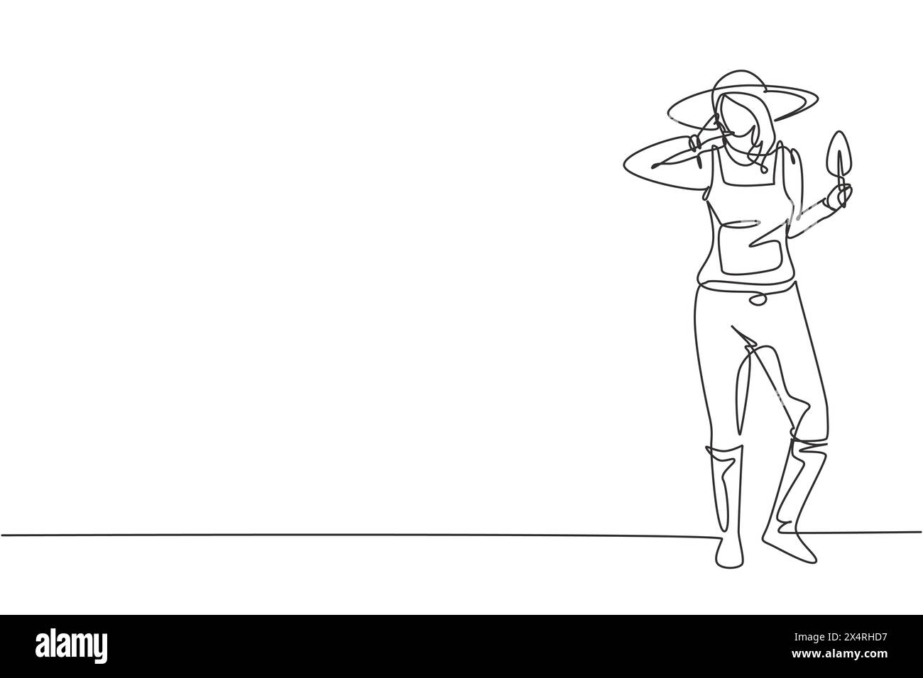 Single continuous line drawing female farmer stood with call me gesture ...