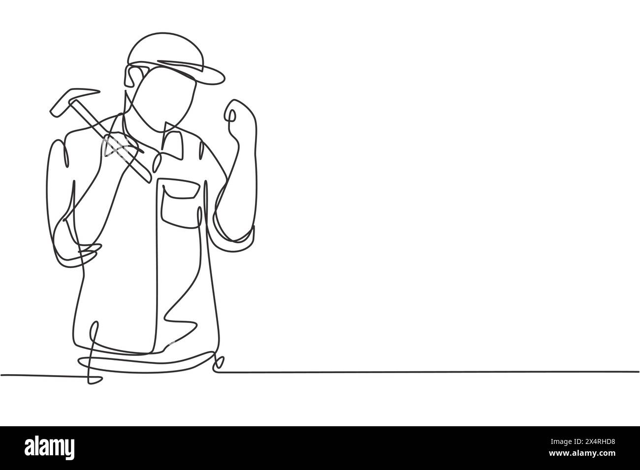 Single continuous line drawing carpenter with celebrate gesture works ...