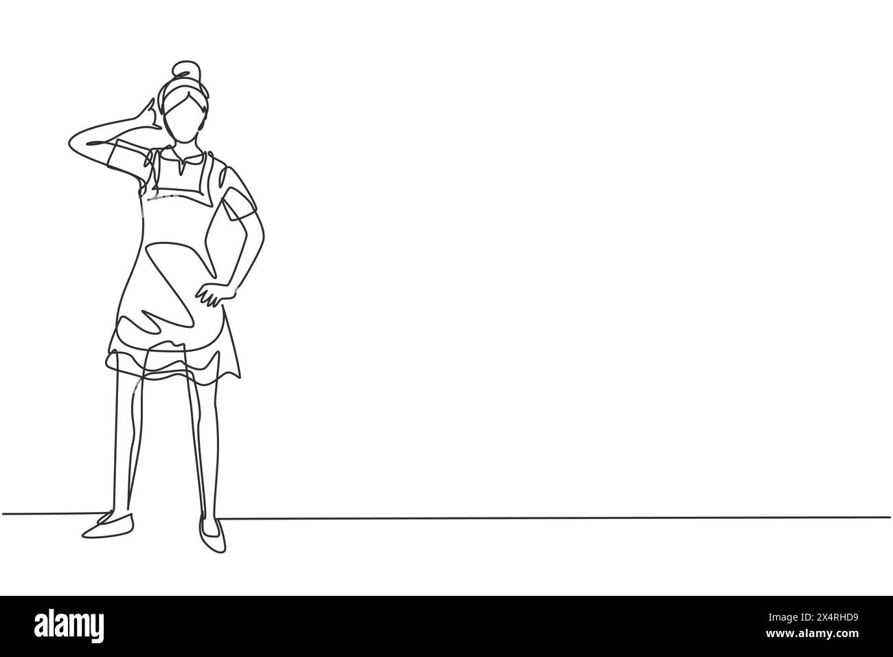 Single continuous line drawing maid in hotel stood with one hand on ...
