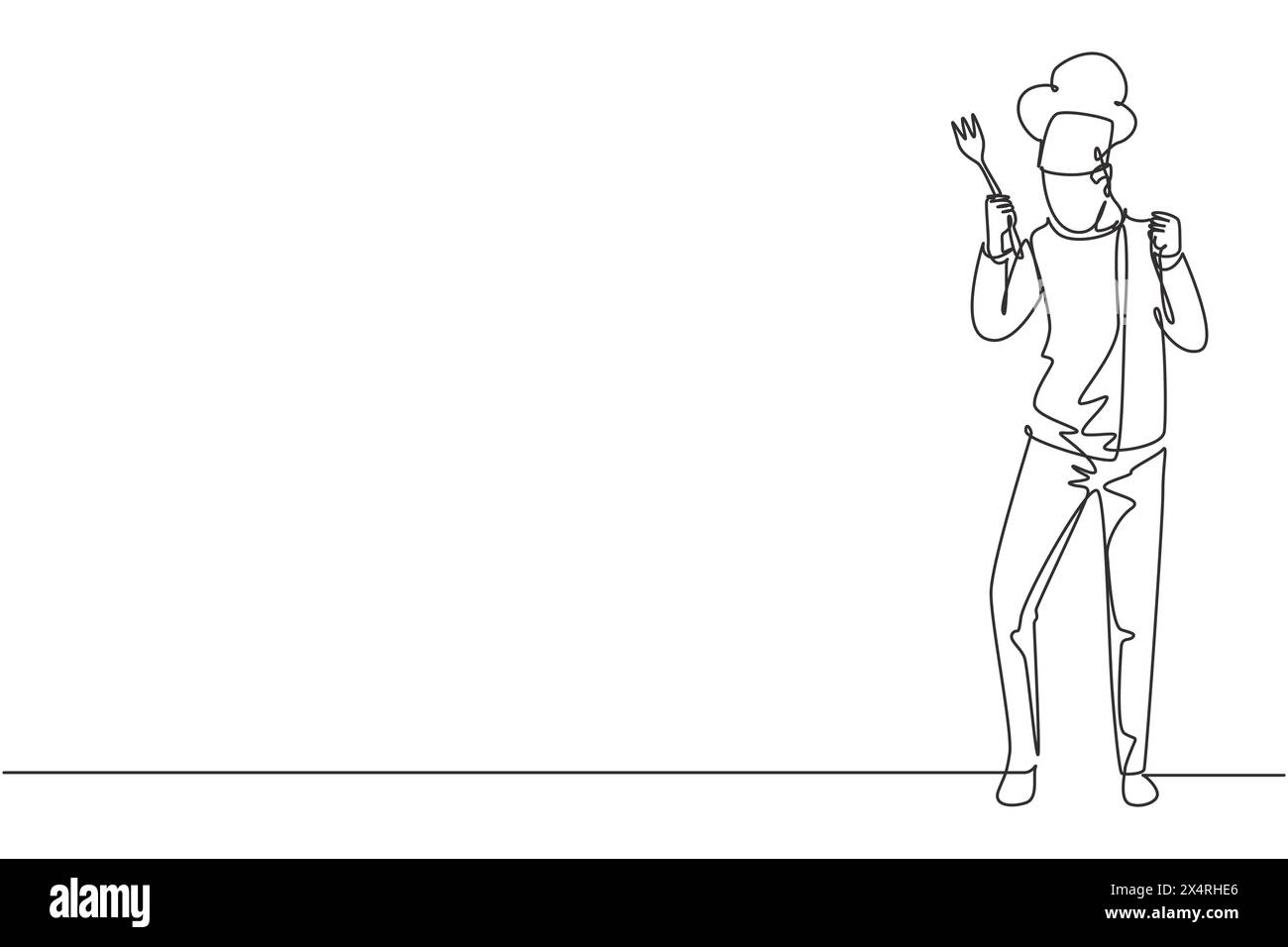 Continuous one line drawing chef stands with celebrate gesture, holding ...