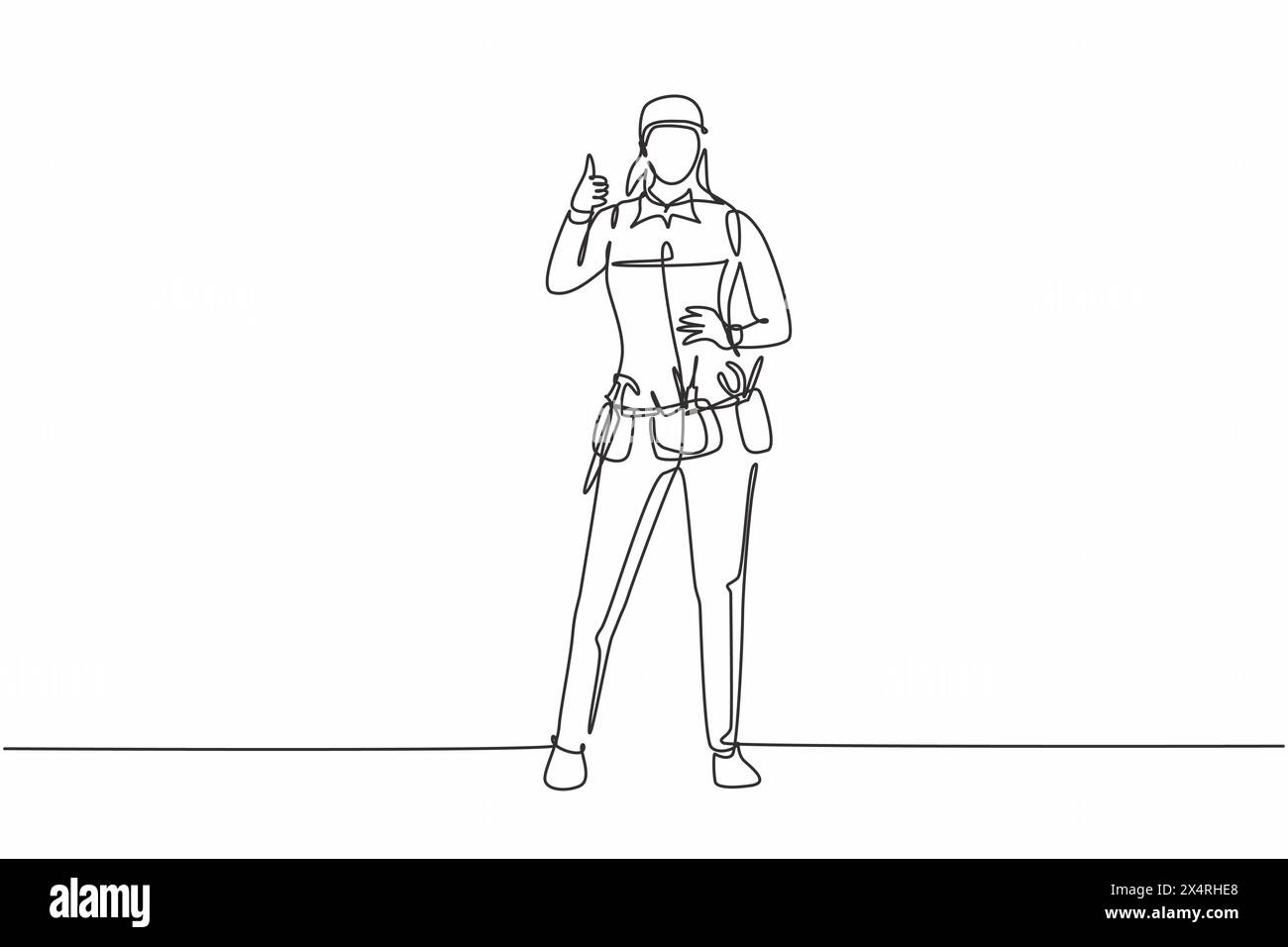 Continuous one line drawing handywoman stands with thumbs-up gesture ...