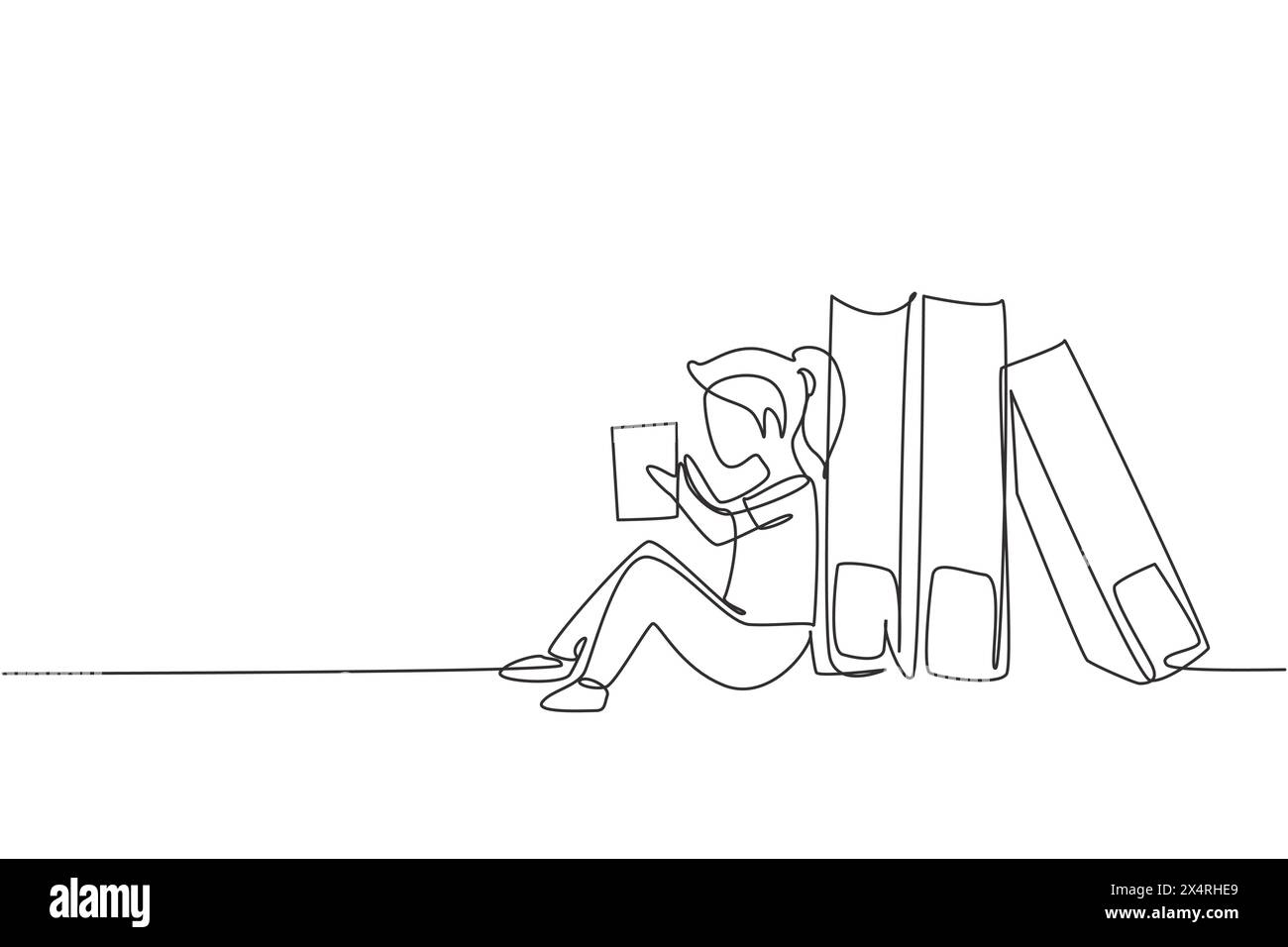 Single one line drawing little girl reading, learning and backrest on ...