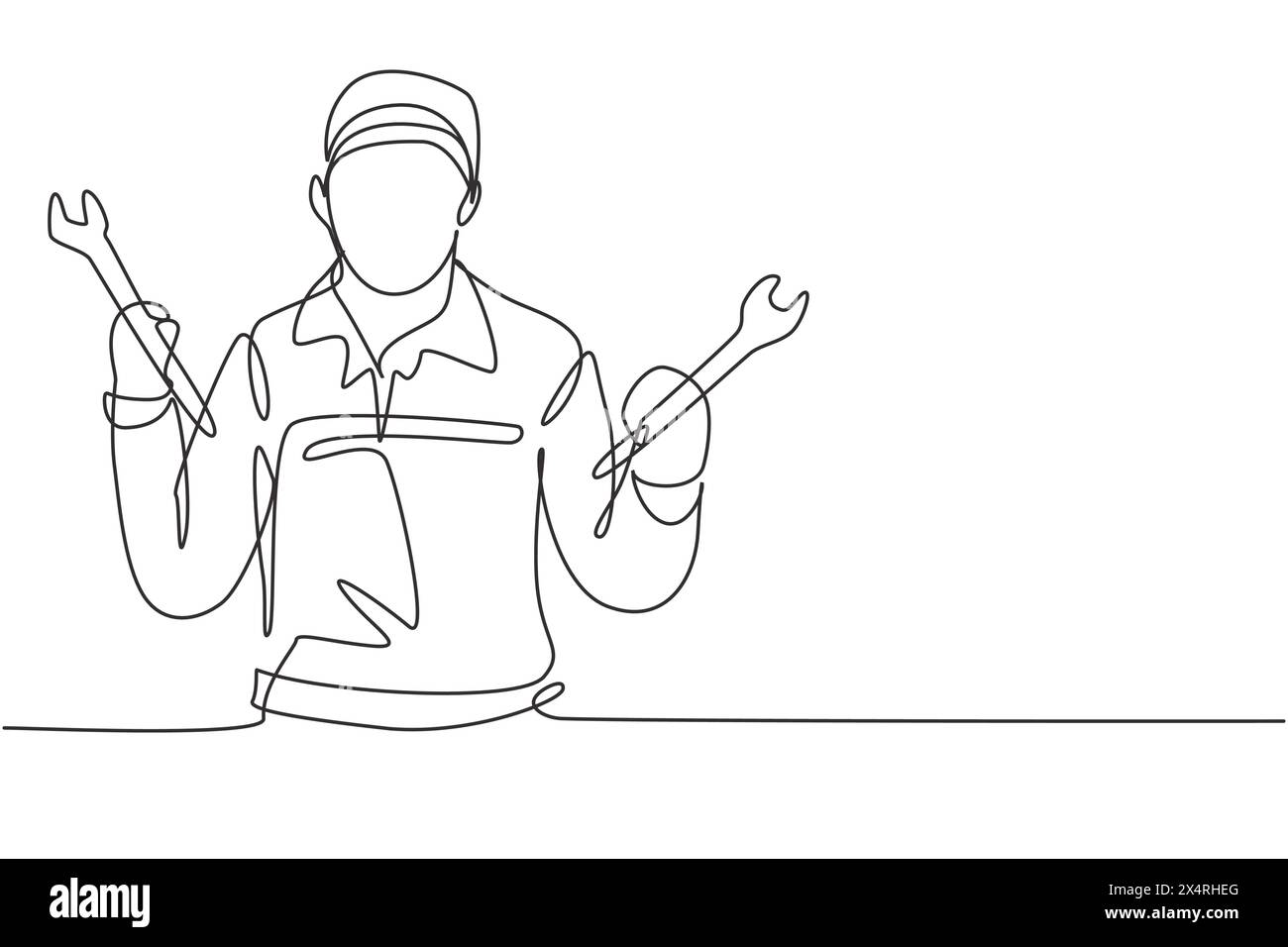 Single one line drawing mechanic with celebrate gesture and holding ...