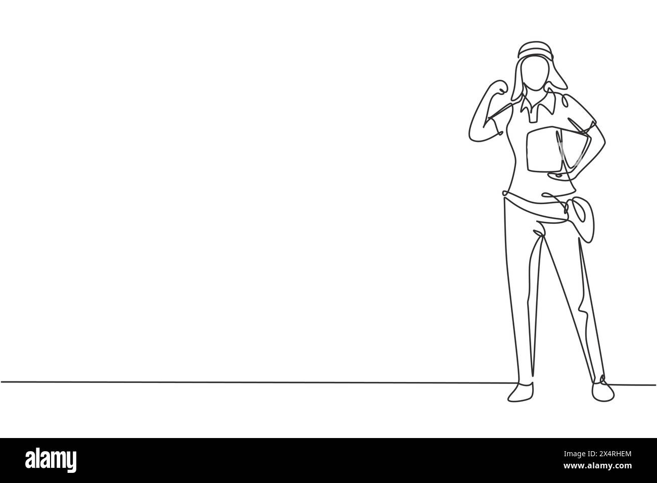 Continuous one line drawing deliverywoman stands with celebrate gesture ...