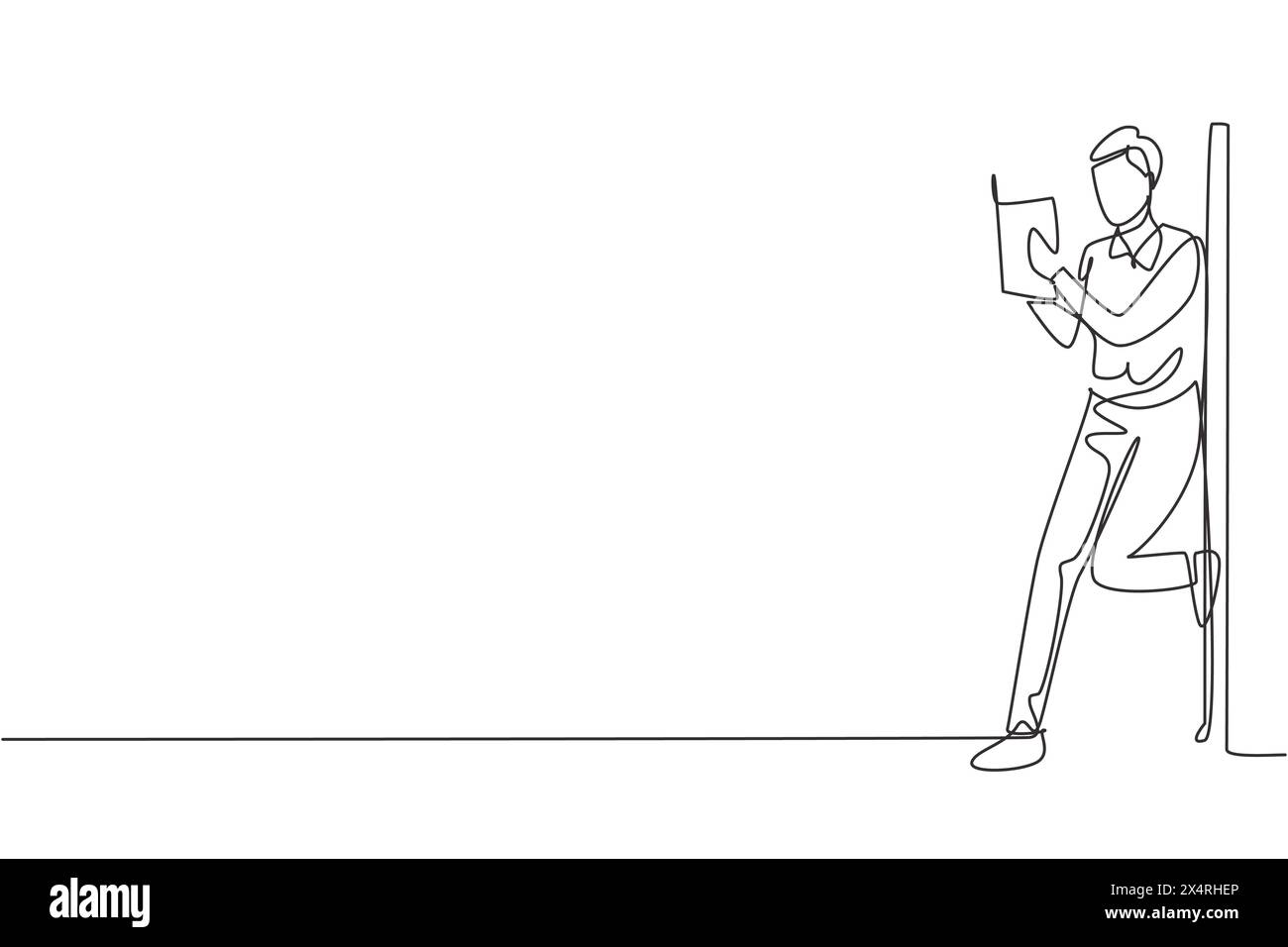 Single continuous line drawing young man reading, learning and standing ...