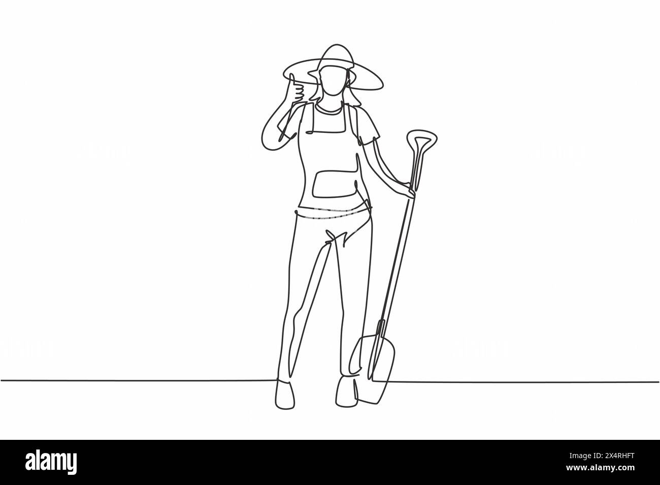 Single one line drawing of female farmer stood with a thumbs-up gesture ...